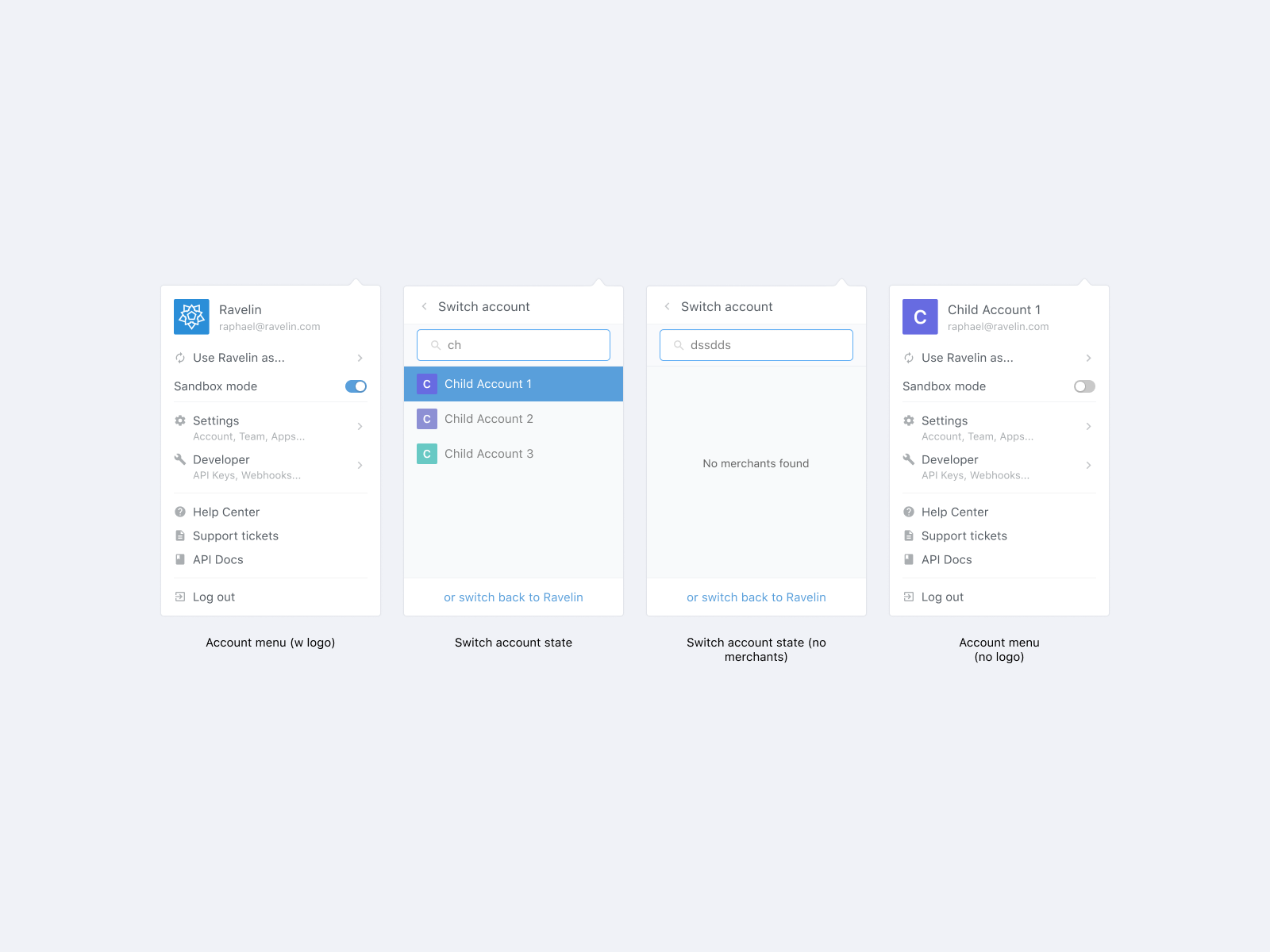 Account Menu with Switcher by Raphael Essoo-Snowdon for Ravelin on Dribbble