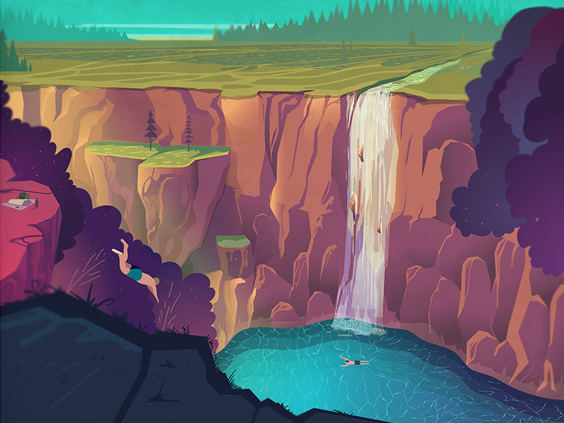 Blue waterfall illustration by 2d vill on Dribbble
