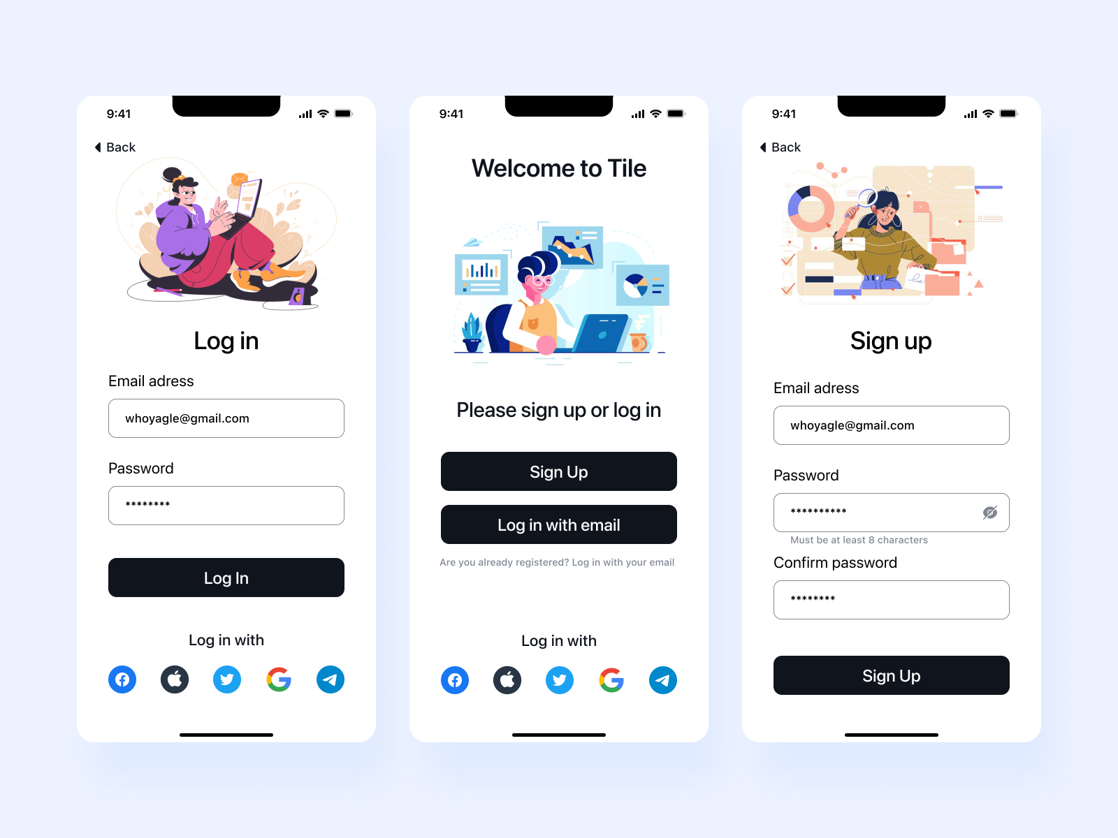 Sign Up and Log in mobile flow by Gleb on Dribbble