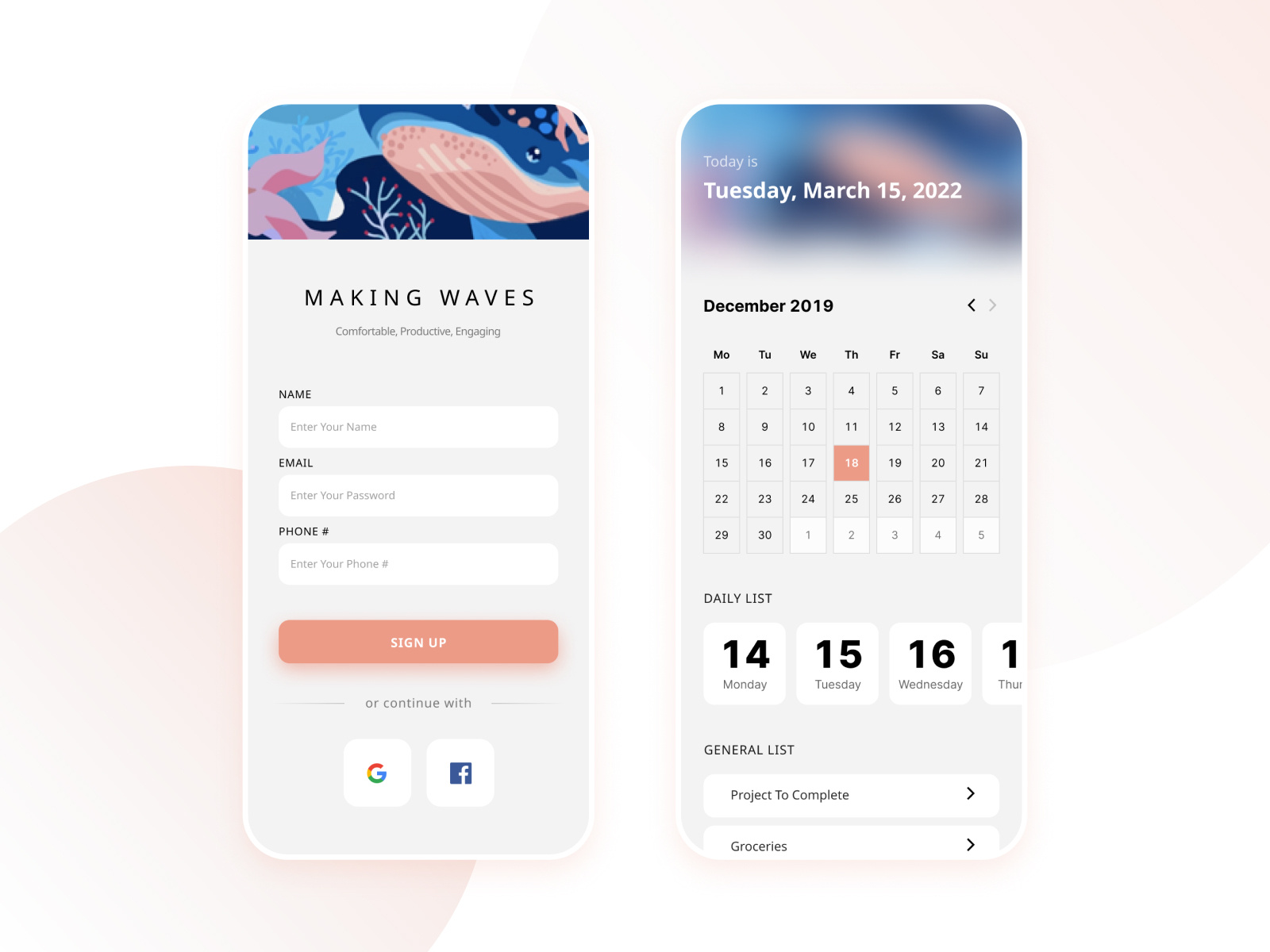 Calendar app / login by Adam Gong on Dribbble