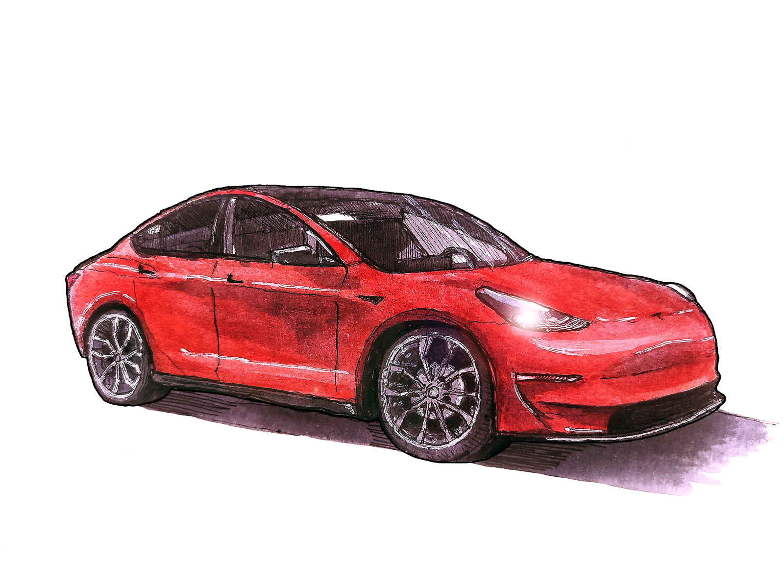 Red Tesla Model 3 - Watercolor Car Sketch by Antonio "Toti" Ruiz on ...