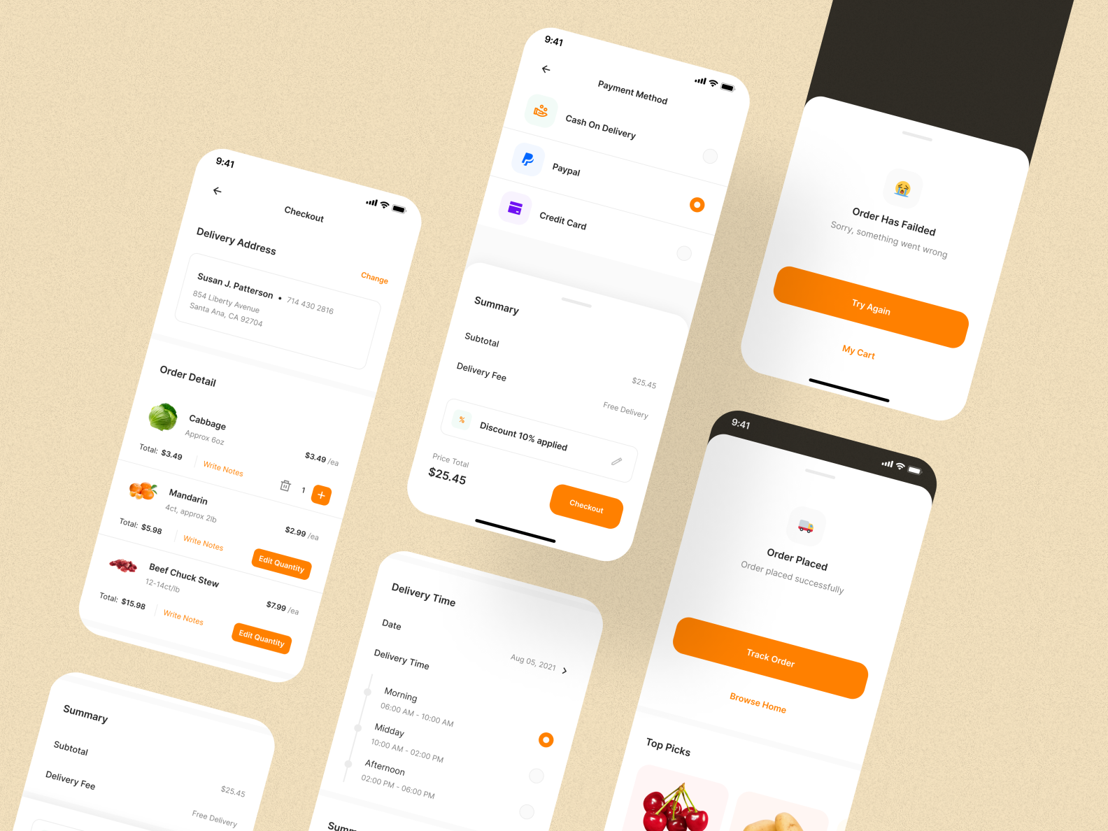 Checkout-process screens for food ordering app by Sajid Khallow on Dribbble