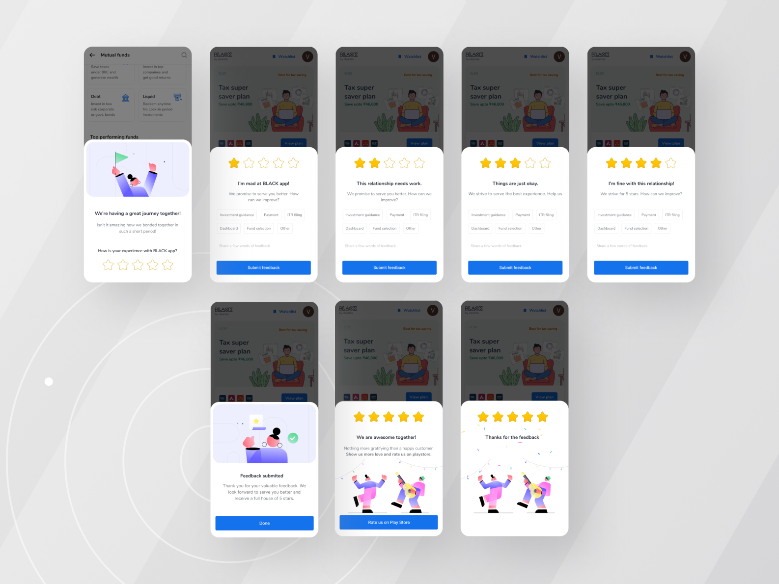 In-app rating system for ClearTax's BLACK App by Chetan Ramesh on Dribbble