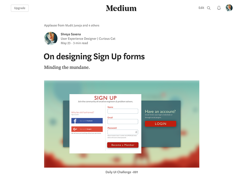 My Medium Blog on Designing Sign Up Forms by Shreya Saxena on Dribbble
