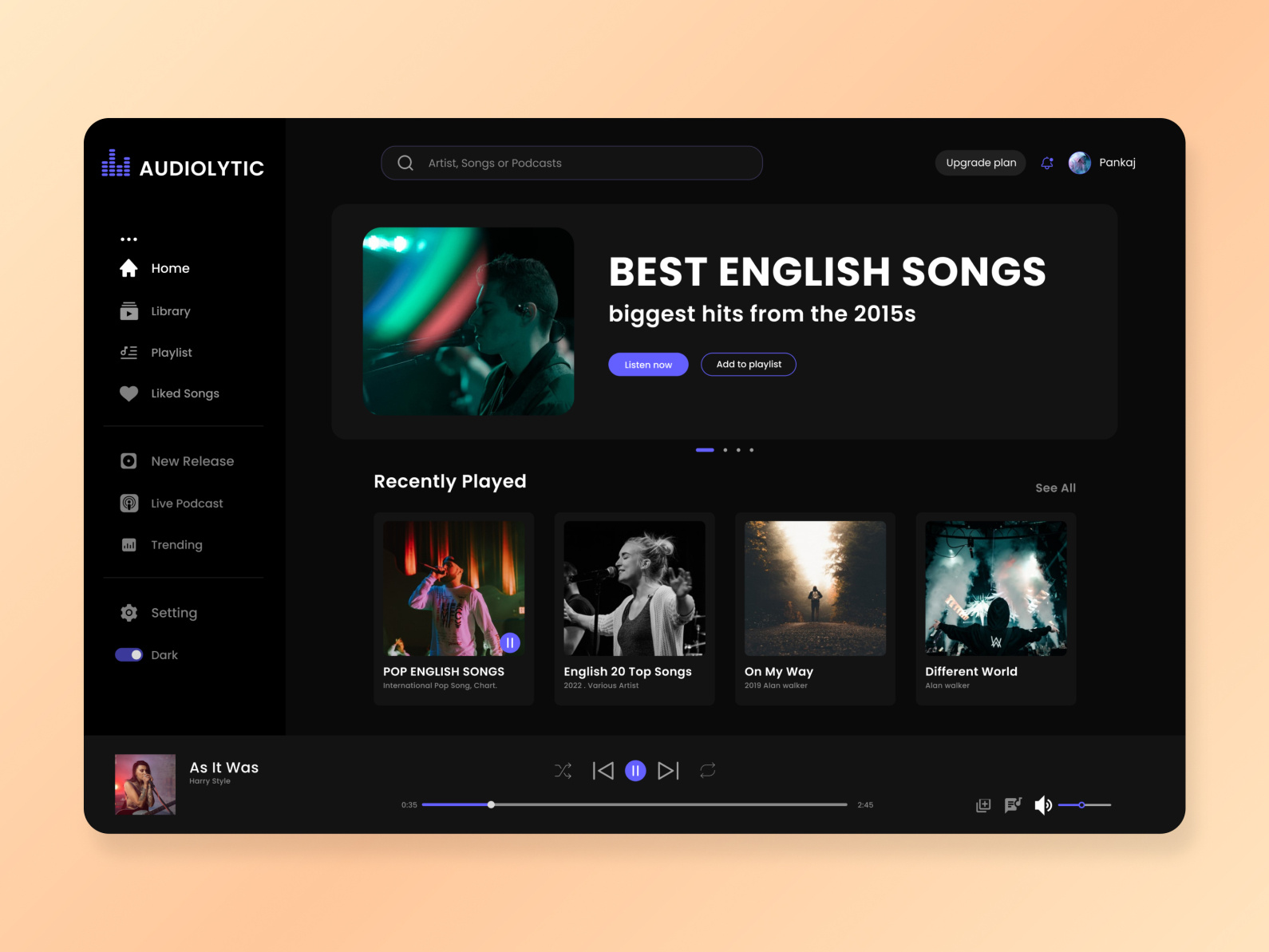 Music Player Dashboard UI Design by Pankaj Jadhav on Dribbble