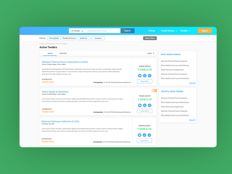 Tender Listing UI by Anirudh Saxena on Dribbble