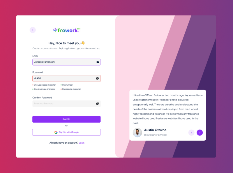 #7 - Frowork Signup Page Redesign. by Falaiye Damilola on Dribbble