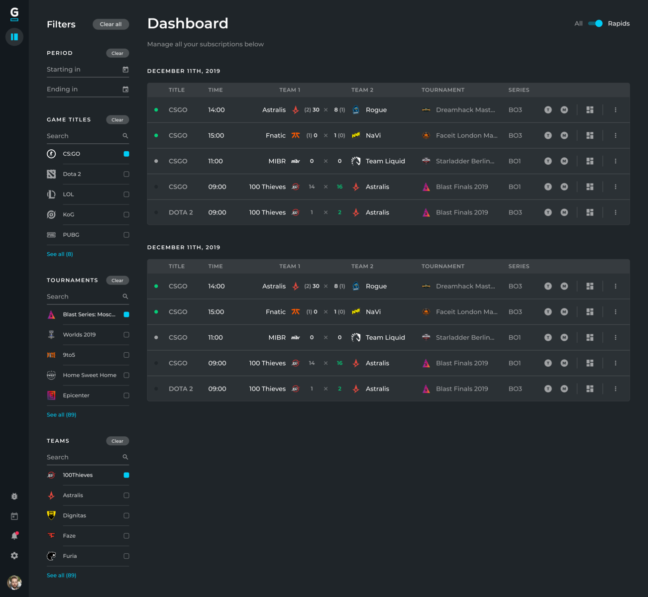 Esports Dashboard: Series List by Jonathan Prieto on Dribbble