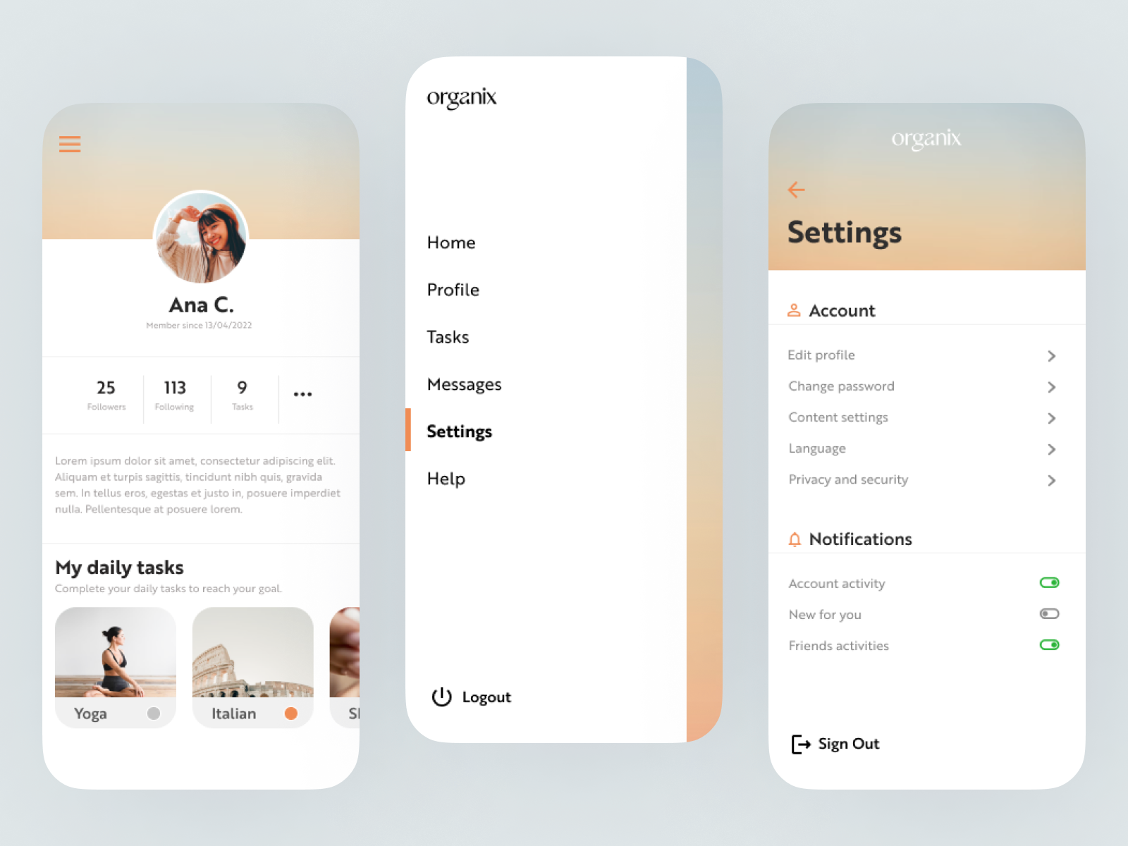 Daily UI 006 - user profile and Daily UI 007 - settings by Ana Claudia Cabral on Dribbble