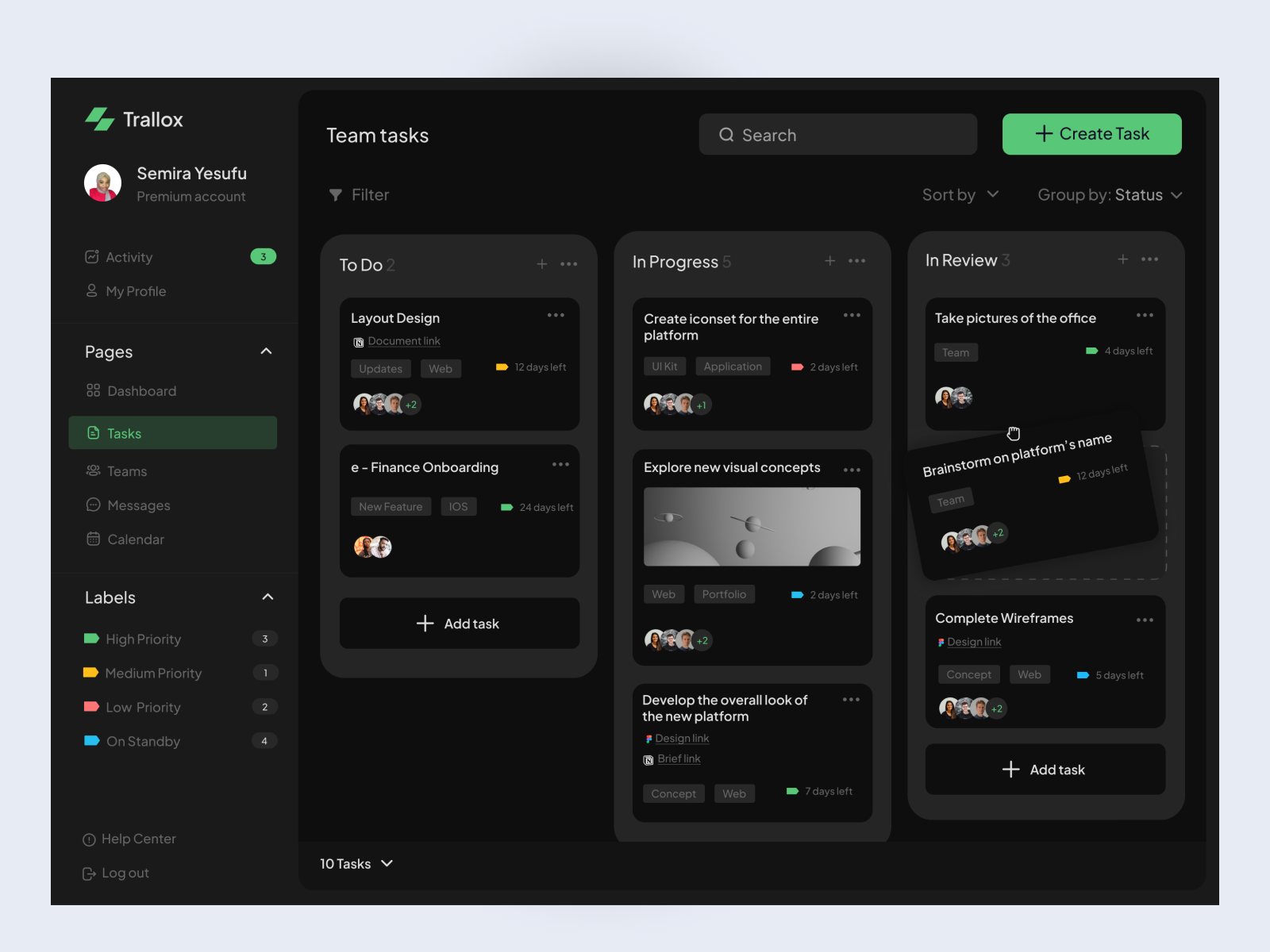 Task management dashboard - Dark mode by Semira Yesufu on Dribbble