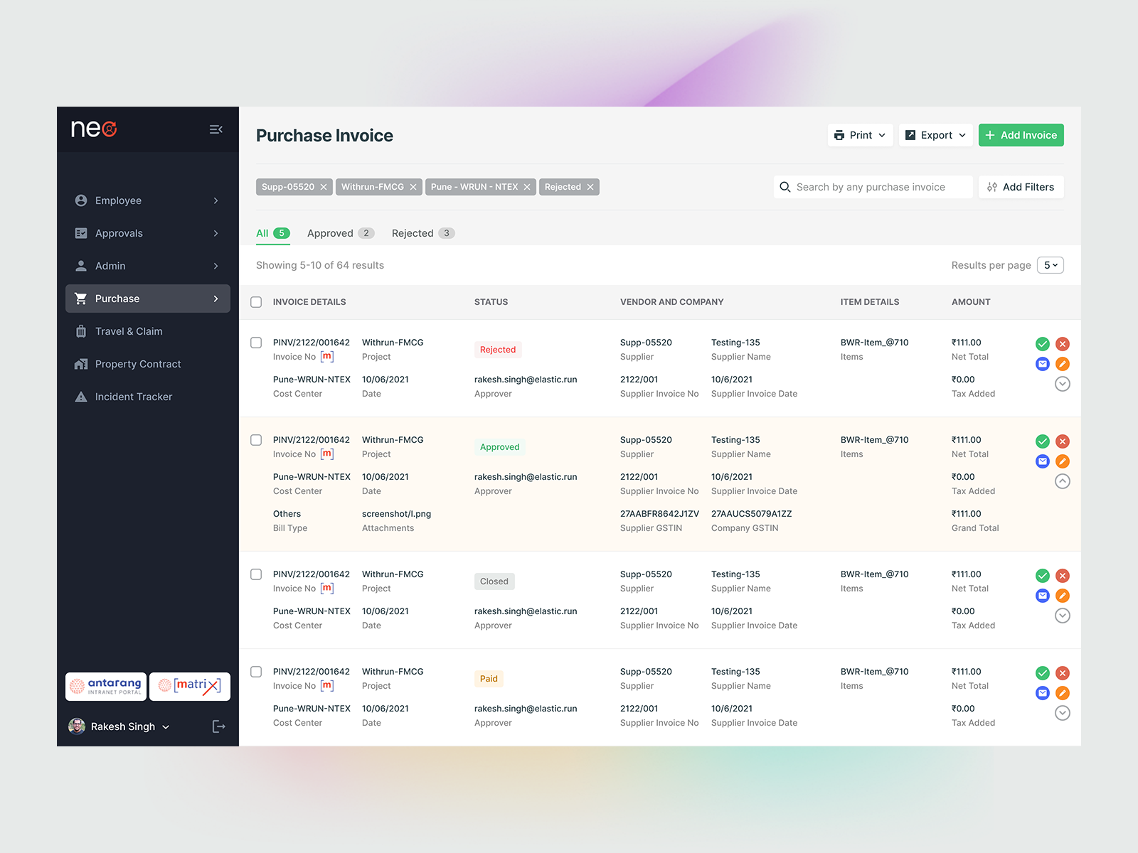 Purchase Invoice Dashboard by premdayal for Timeless on Dribbble
