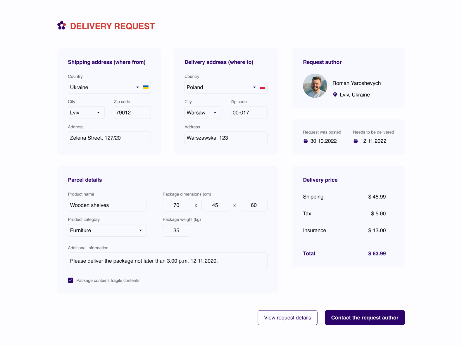 Shipping request form by Oksana Tsybulska on Dribbble