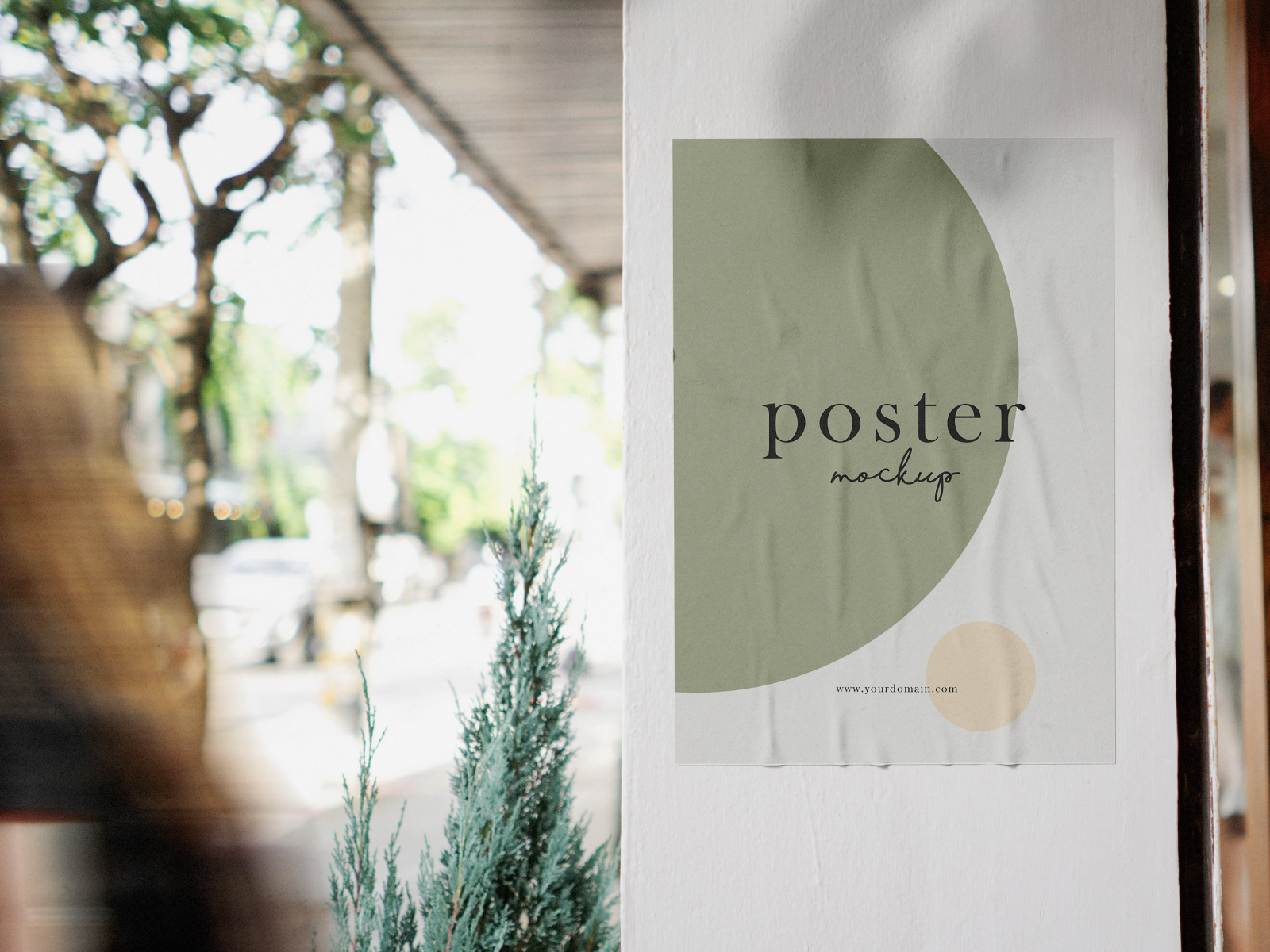 Clean minimal poster mockup on cafe background with people walki by ...