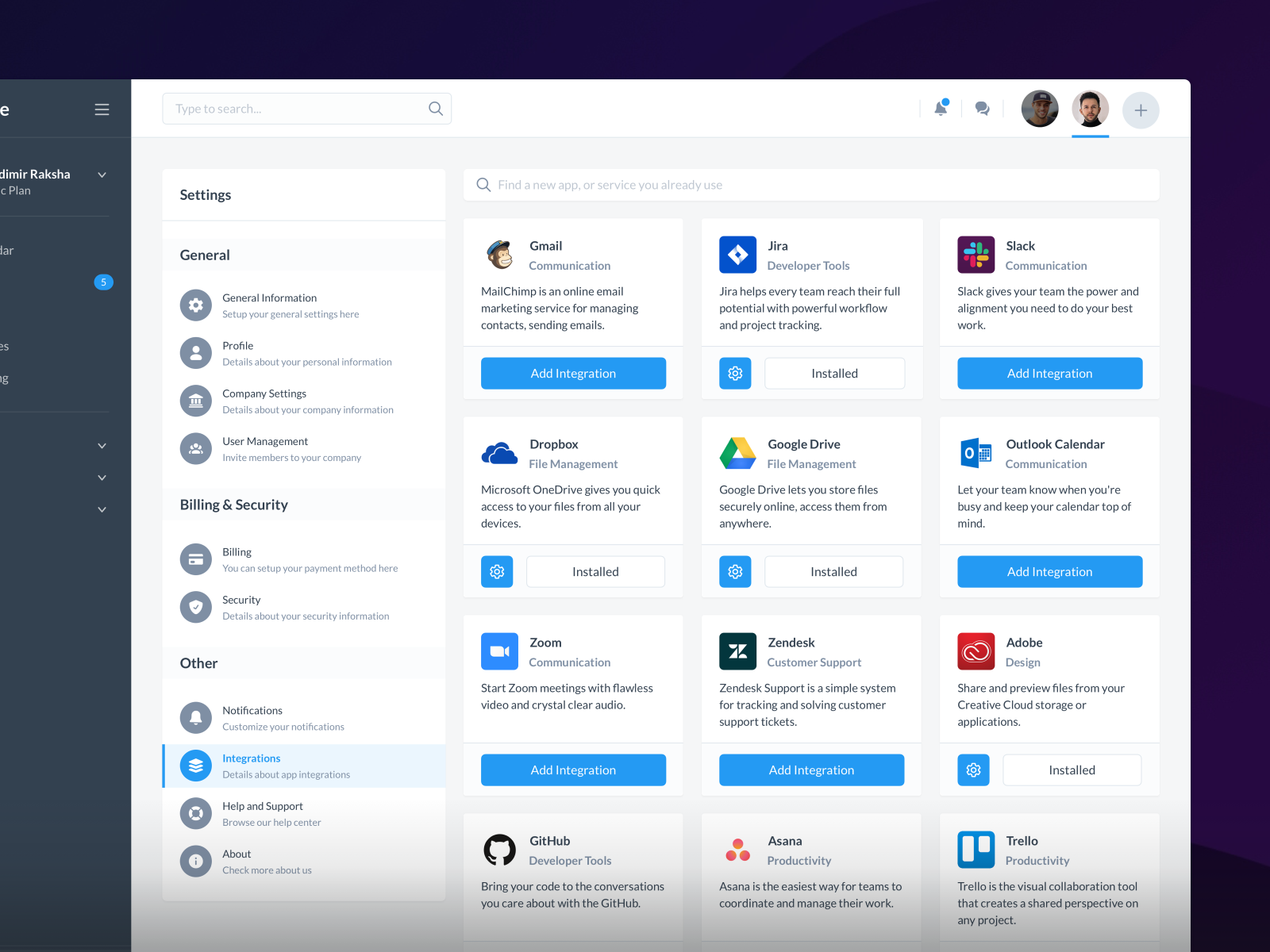 Integrations - Maise Dashboard UI Kit by Vladimir Rakshâ on Dribbble