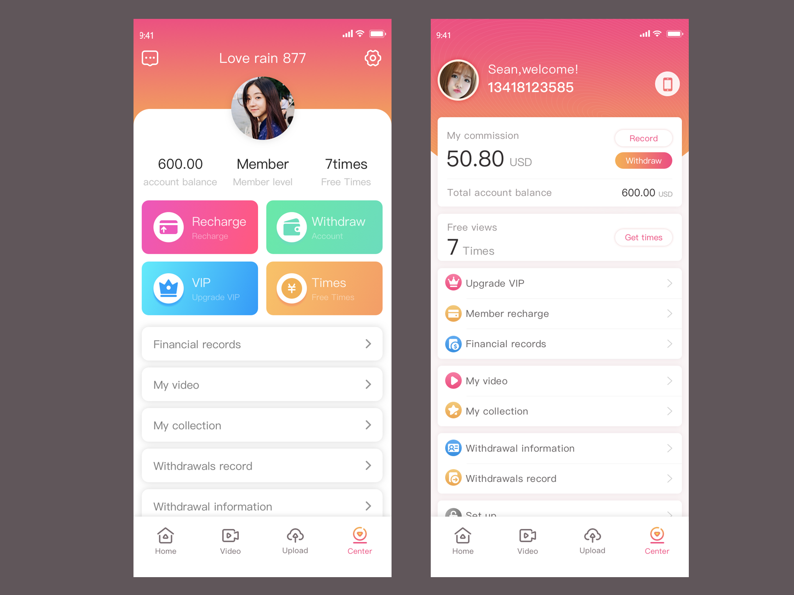 Video app personal center design by Sean on Dribbble