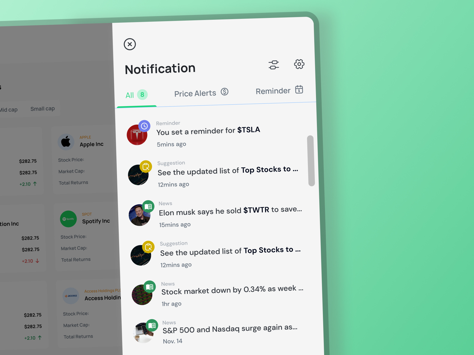 A Stock Analysis App Notification page by Jerry Oyeniyi on Dribbble
