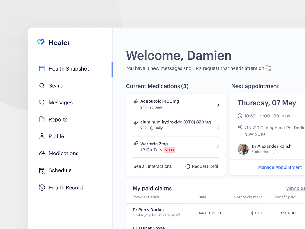 Patient Portal Medical Dashboard by Monty Hayton for Quadrato on Dribbble