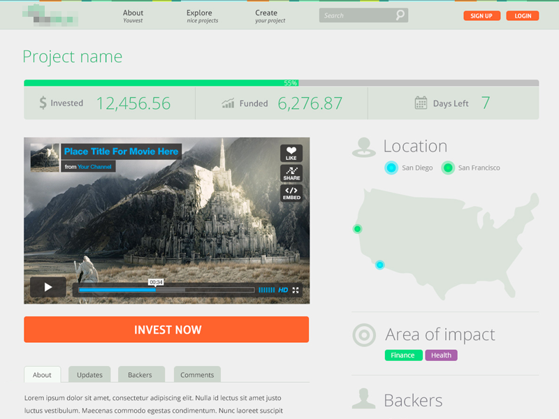 Project page for a Crowdfunding Website by Willian Schilling on Dribbble