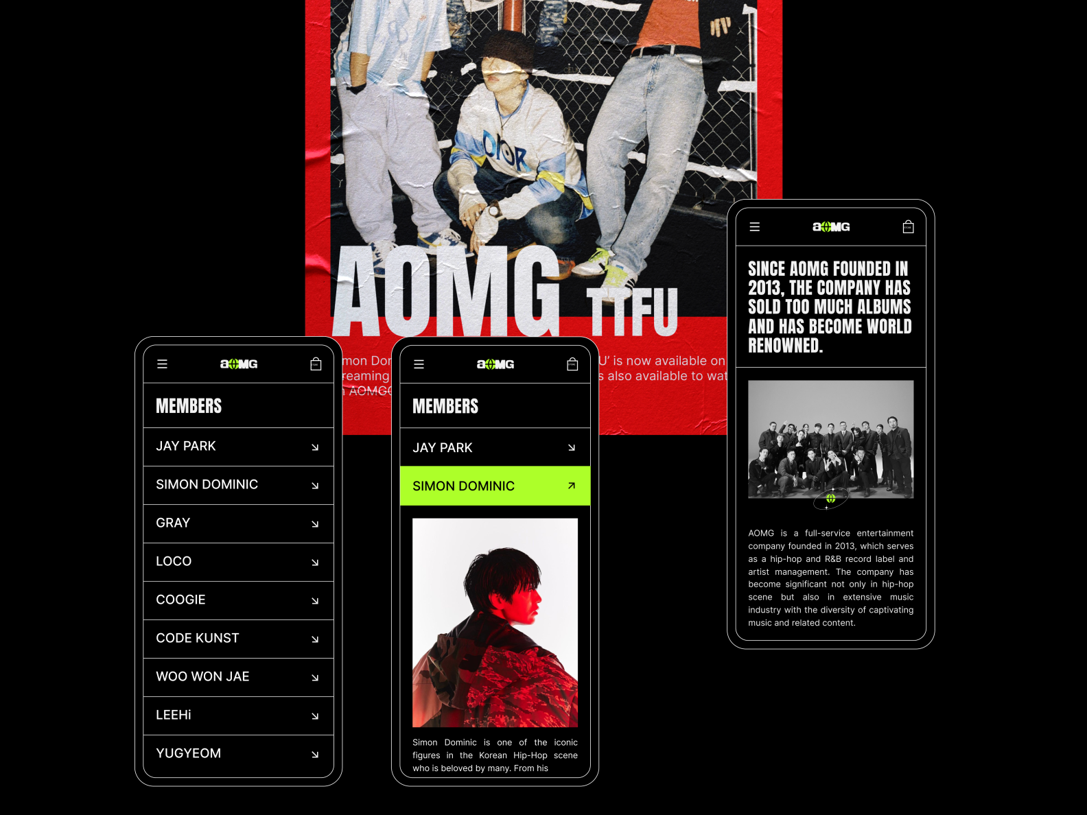 AOMG Website Redesign Responsive Screen by Zeynep Sena Binici on Dribbble