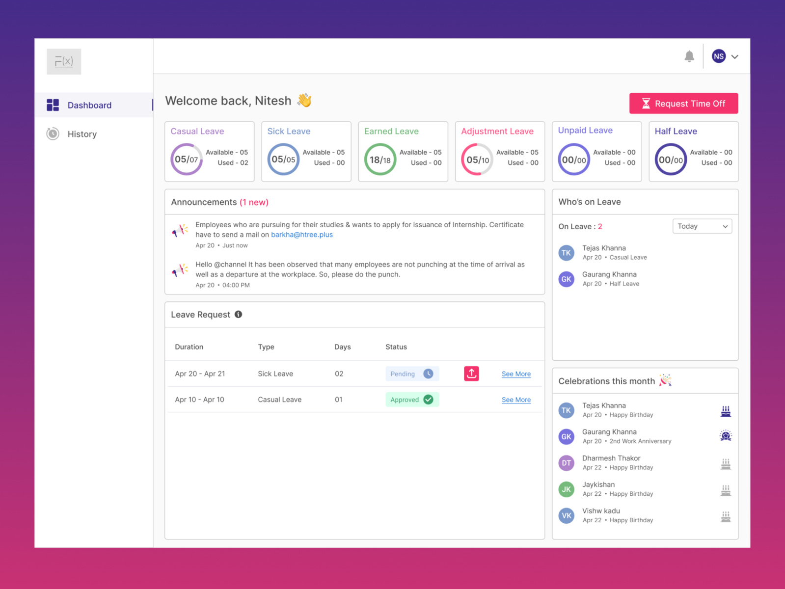 Leave Management app Dashboard by Nitesh Sharma on Dribbble