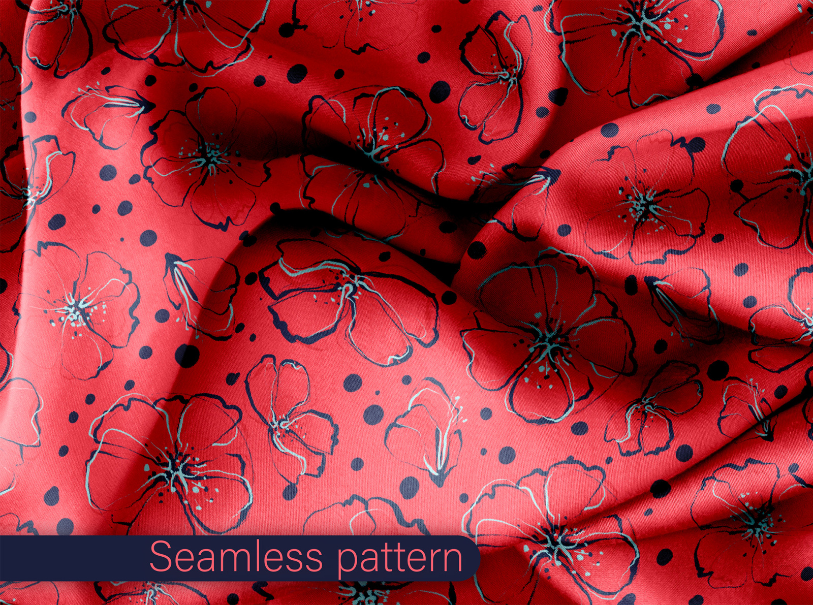 Navi blue flowers on red. Seamless pattern by Volha Belevets on Dribbble