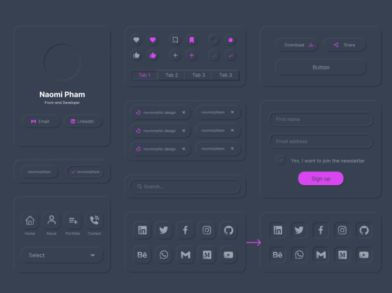 Neumorphic UI Kit (Dark) by Naomi Pham on Dribbble