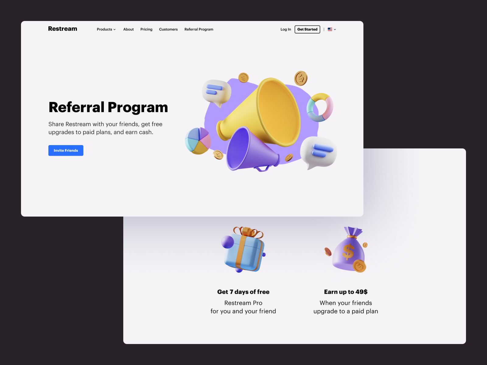 Landing page for referral program by chiporchuk for Restream on Dribbble