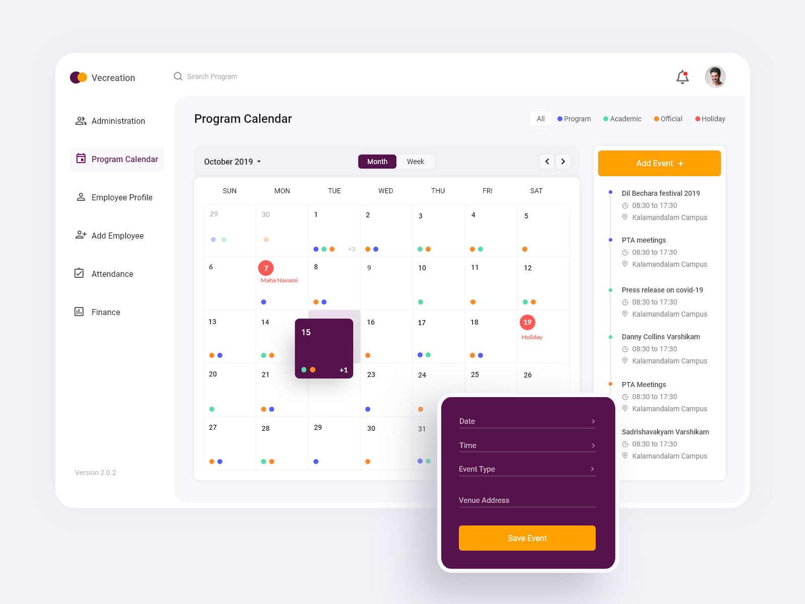 Program Calendar - web application by vineeth on Dribbble