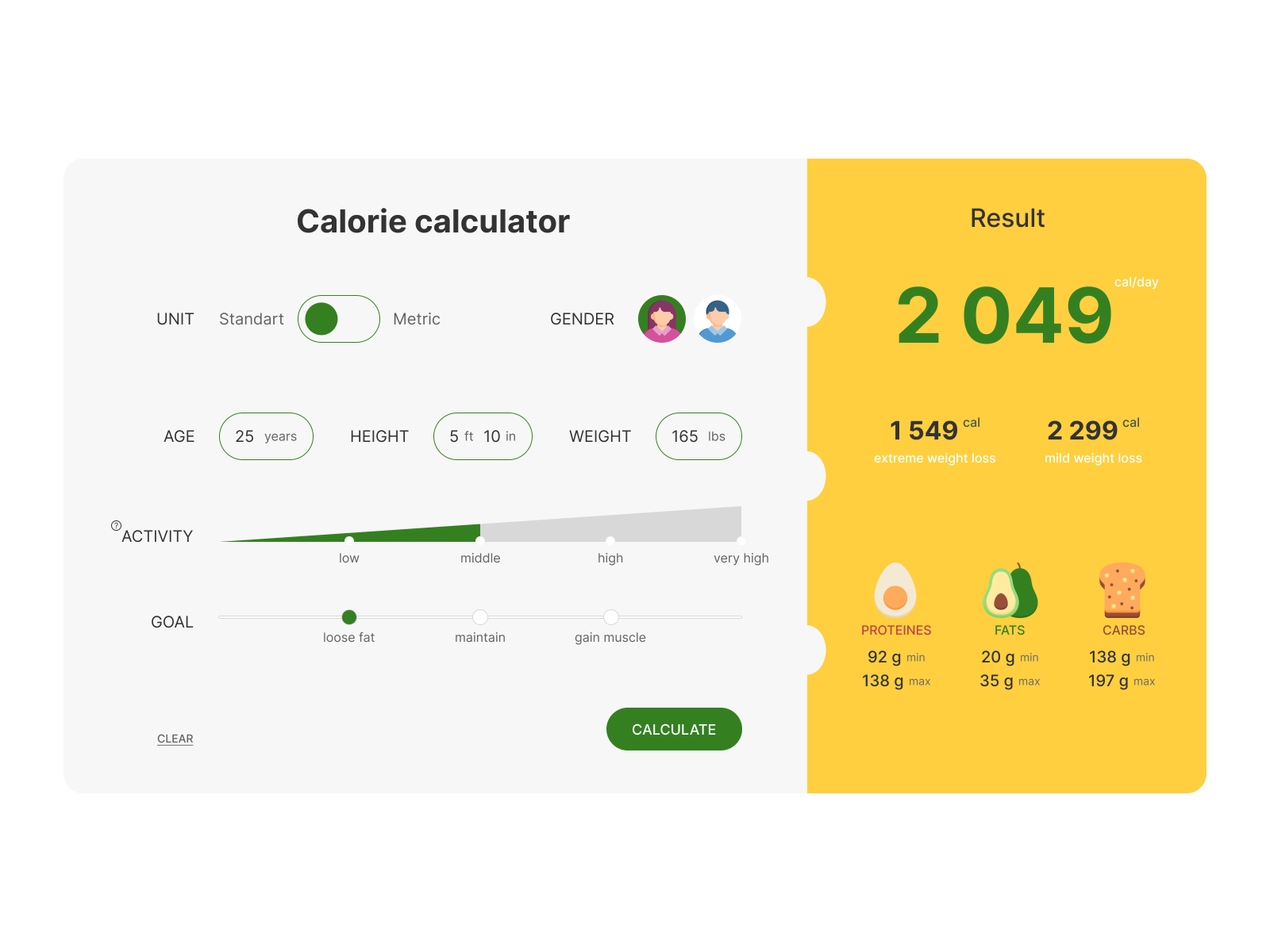 Calorie calculator by Kseniya Shemyakina on Dribbble