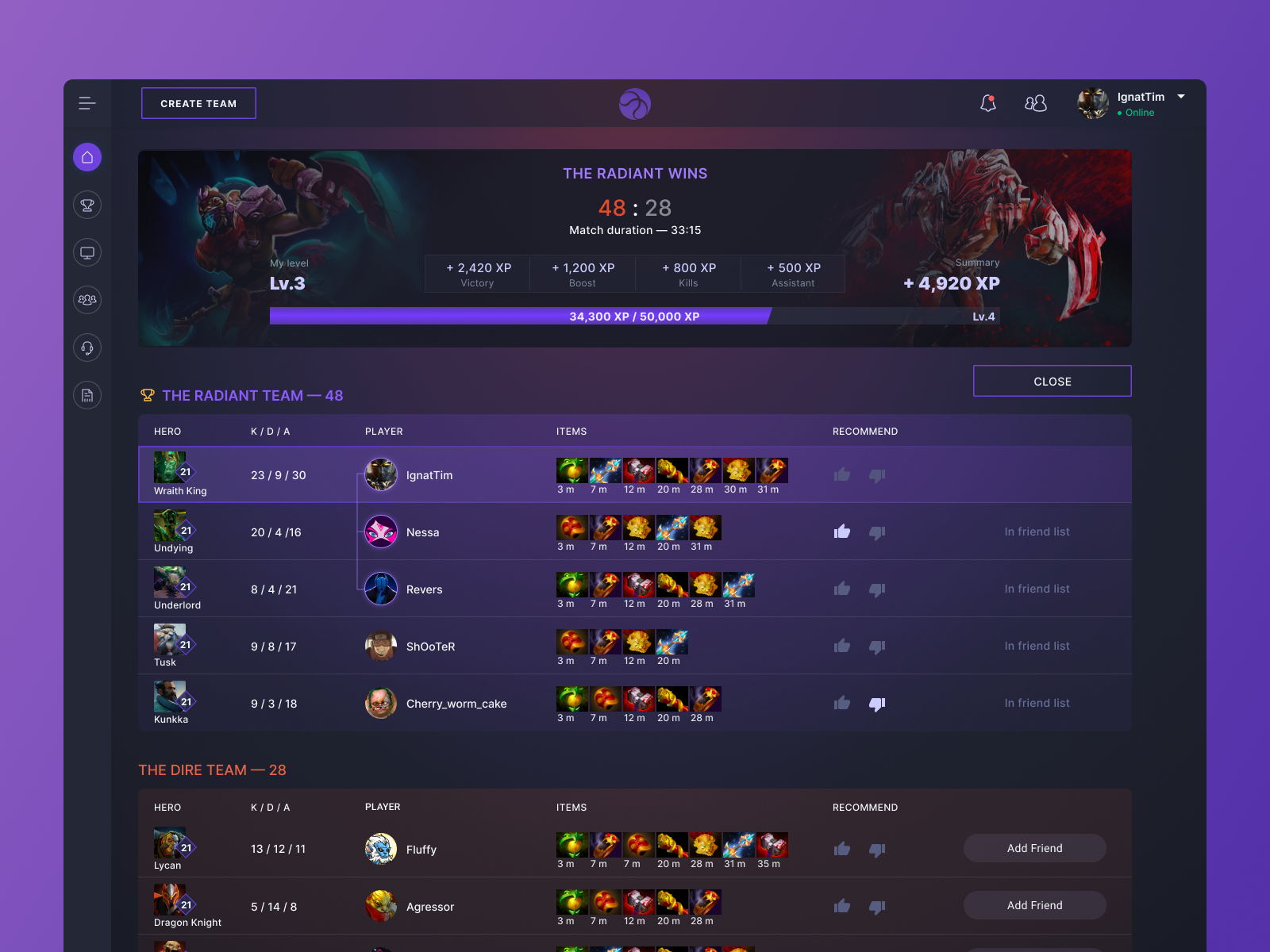 eSports match results Dota2 by Klim Novopashin on Dribbble
