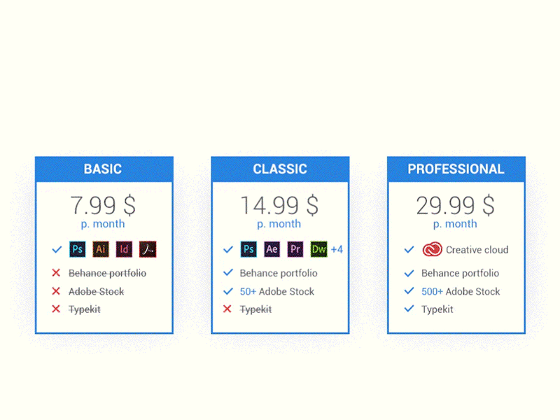 Adobe CC Website Concept | Price models by Sebastian Jungbluth on Dribbble