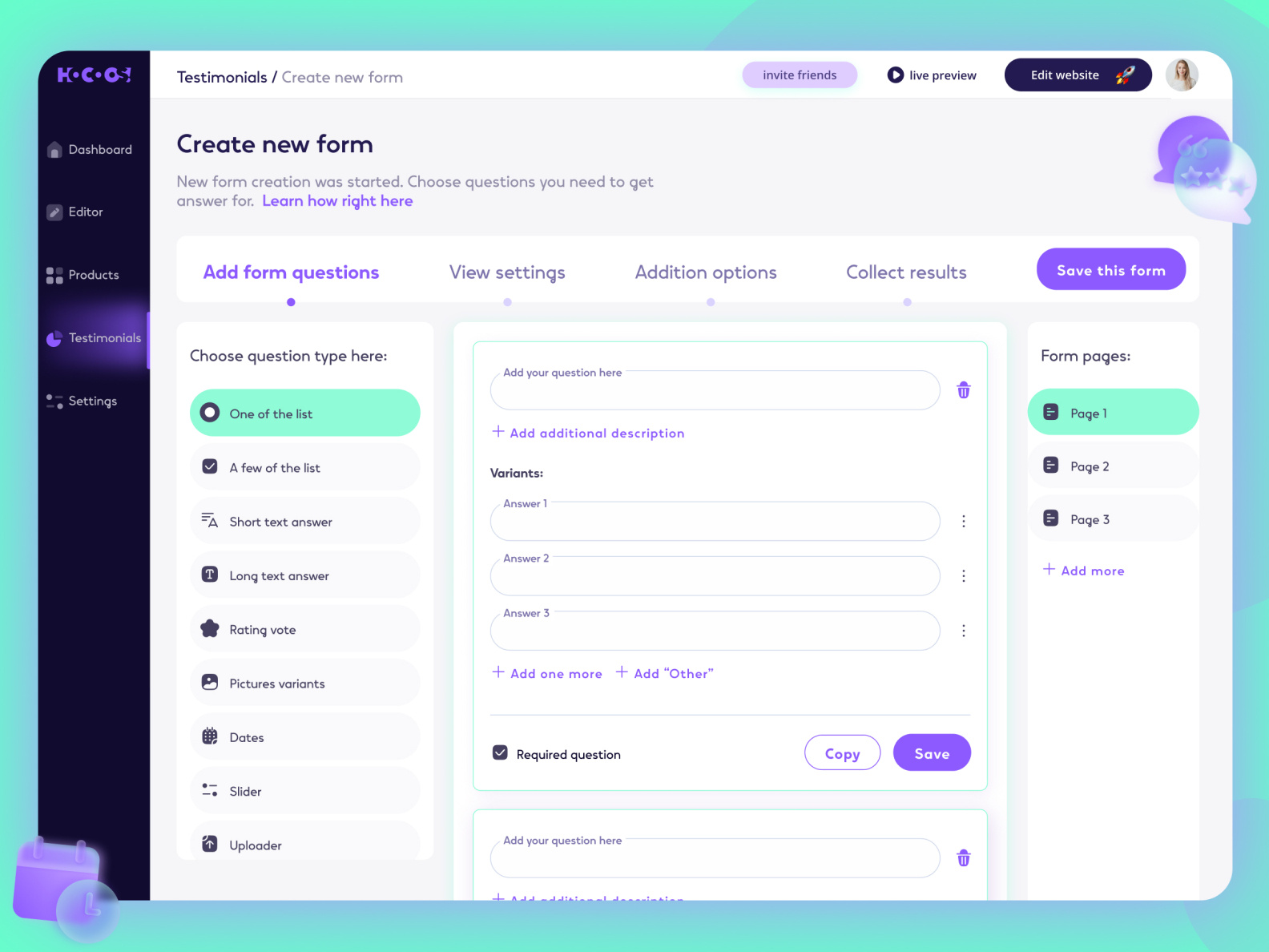 Testimonials form builder - Dashboard by Lizi_design on Dribbble
