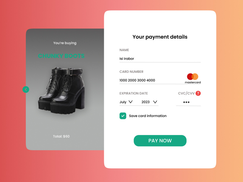 Daily UI Design: Card checkout by Isi Irabor on Dribbble