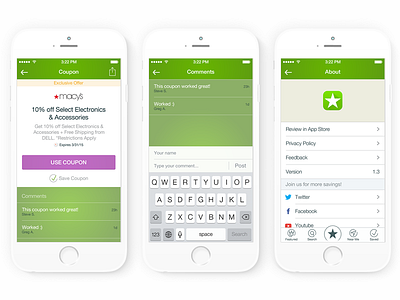 iOS app: coupon view screen, comments, about by Alex Camp on Dribbble