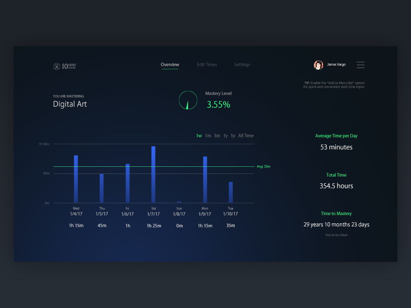 10,000 Hours App Design by James Vargo on Dribbble