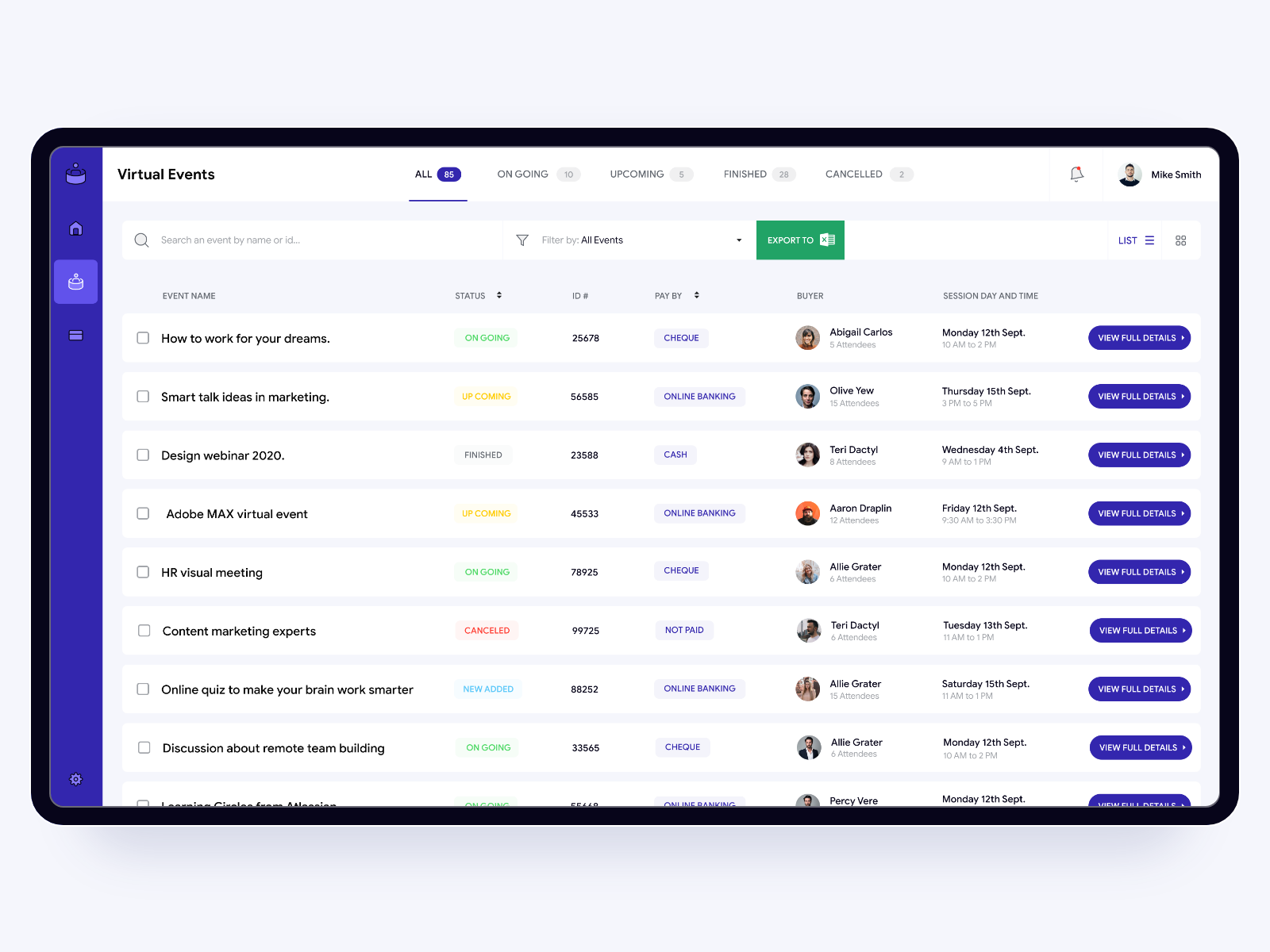 virtual event dashboard (list view) by Jignesh Mistry on Dribbble