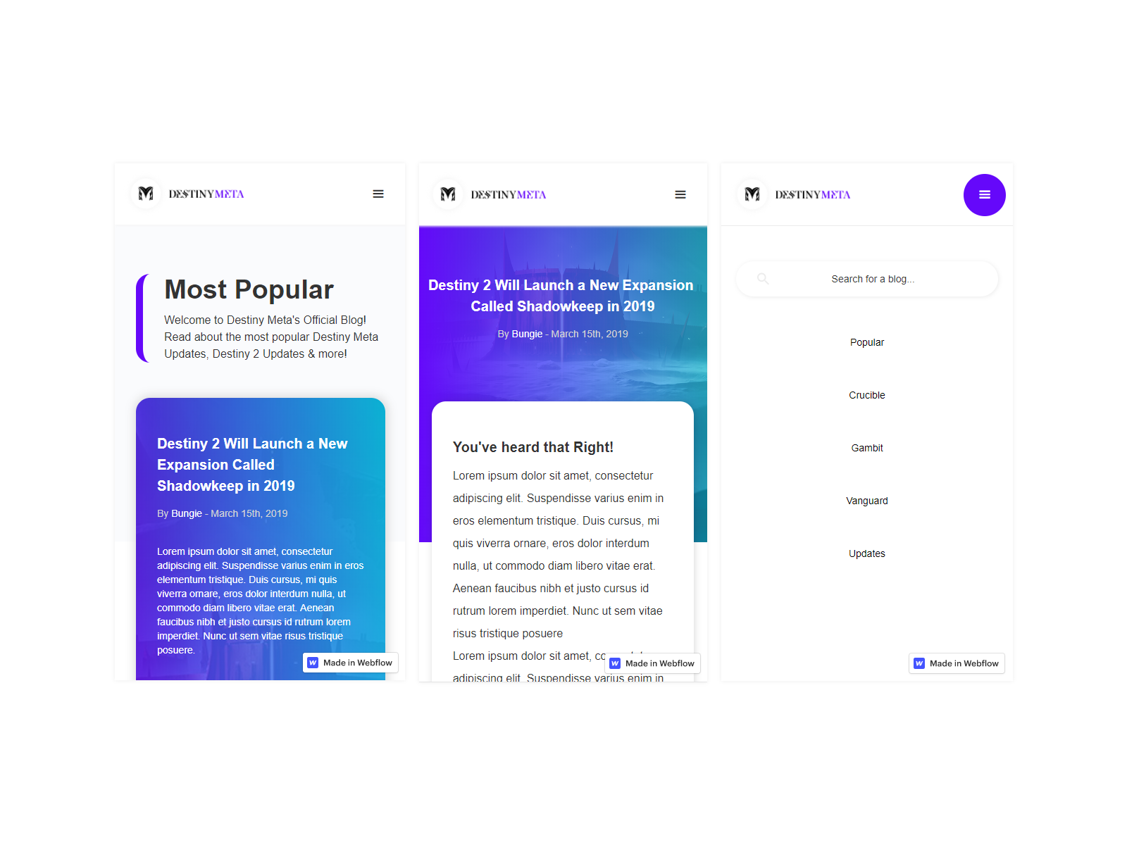 Destiny Meta Mobile Blog (Made in Webflow) by Matthew Oliver on Dribbble