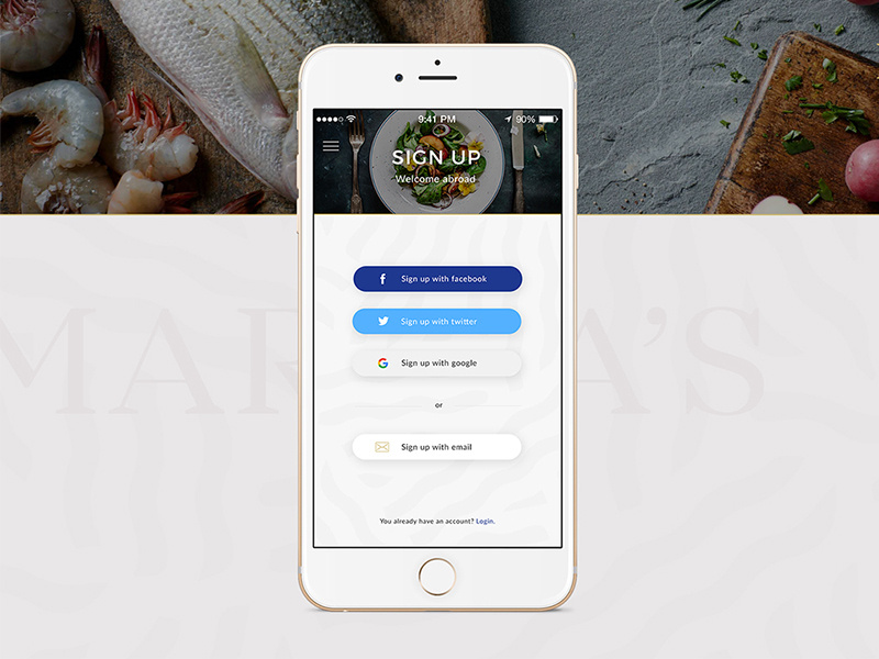 Sign Up Screen for Sea Food restaurant by Yana Parvanova on Dribbble