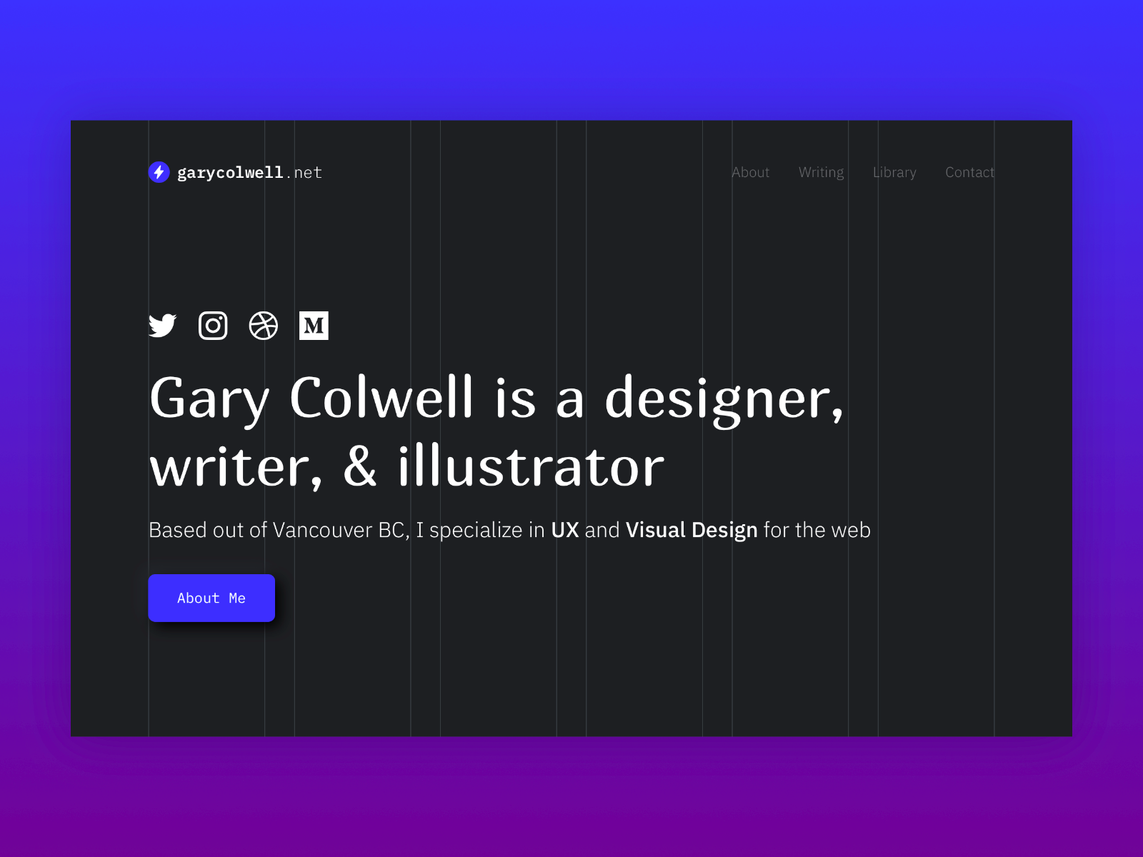 Grid-based personal website hero section by Gary Colwell on Dribbble