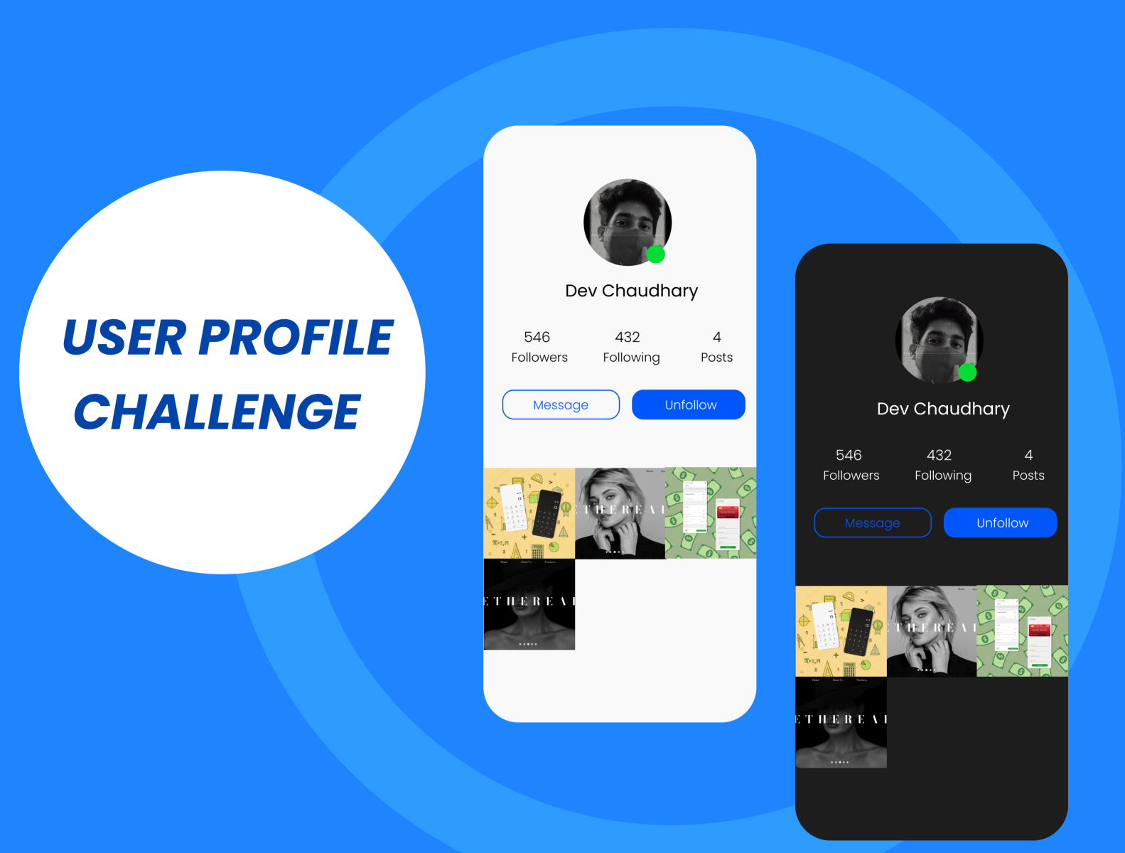 user profile challenge by Dev Chaudhary on Dribbble