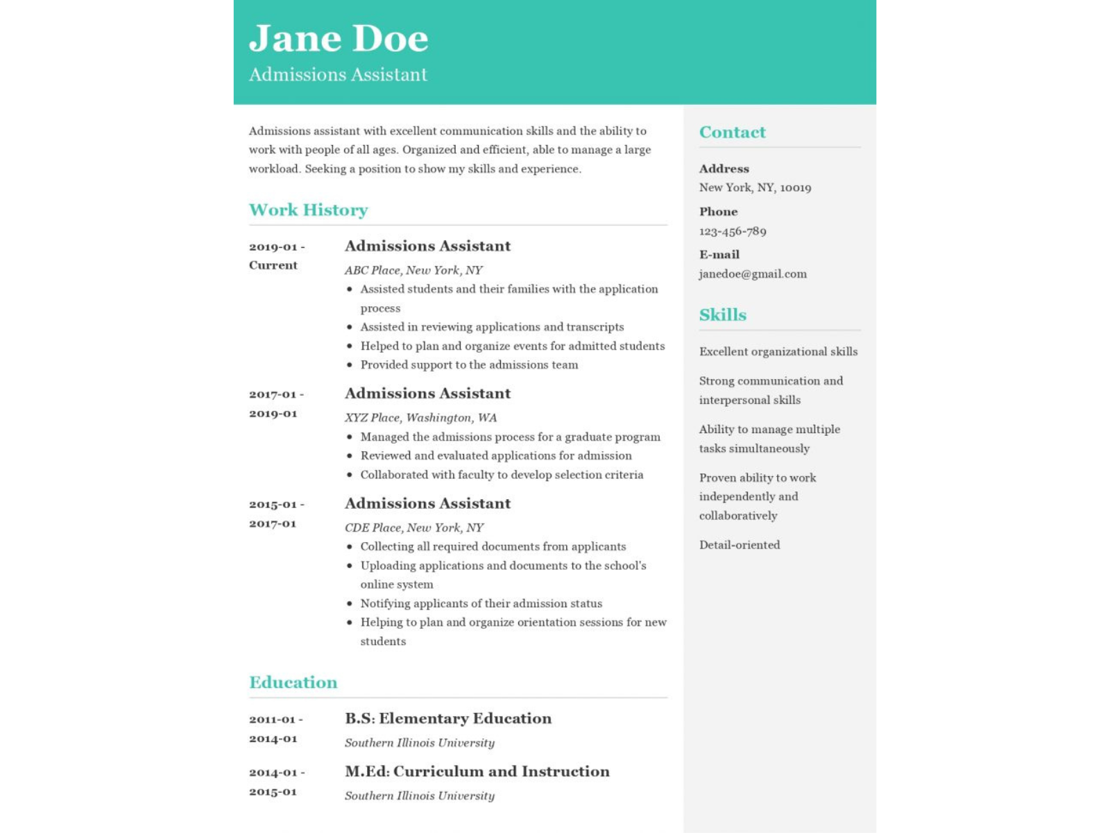 Dribbble - Admissions Assistant Resume Example.png by Lindsay Karny