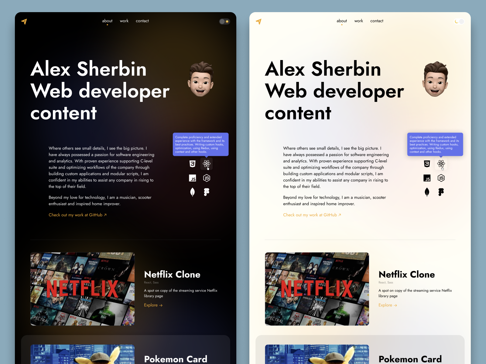 Portfolio site for developer Alex by thezdoors on Dribbble