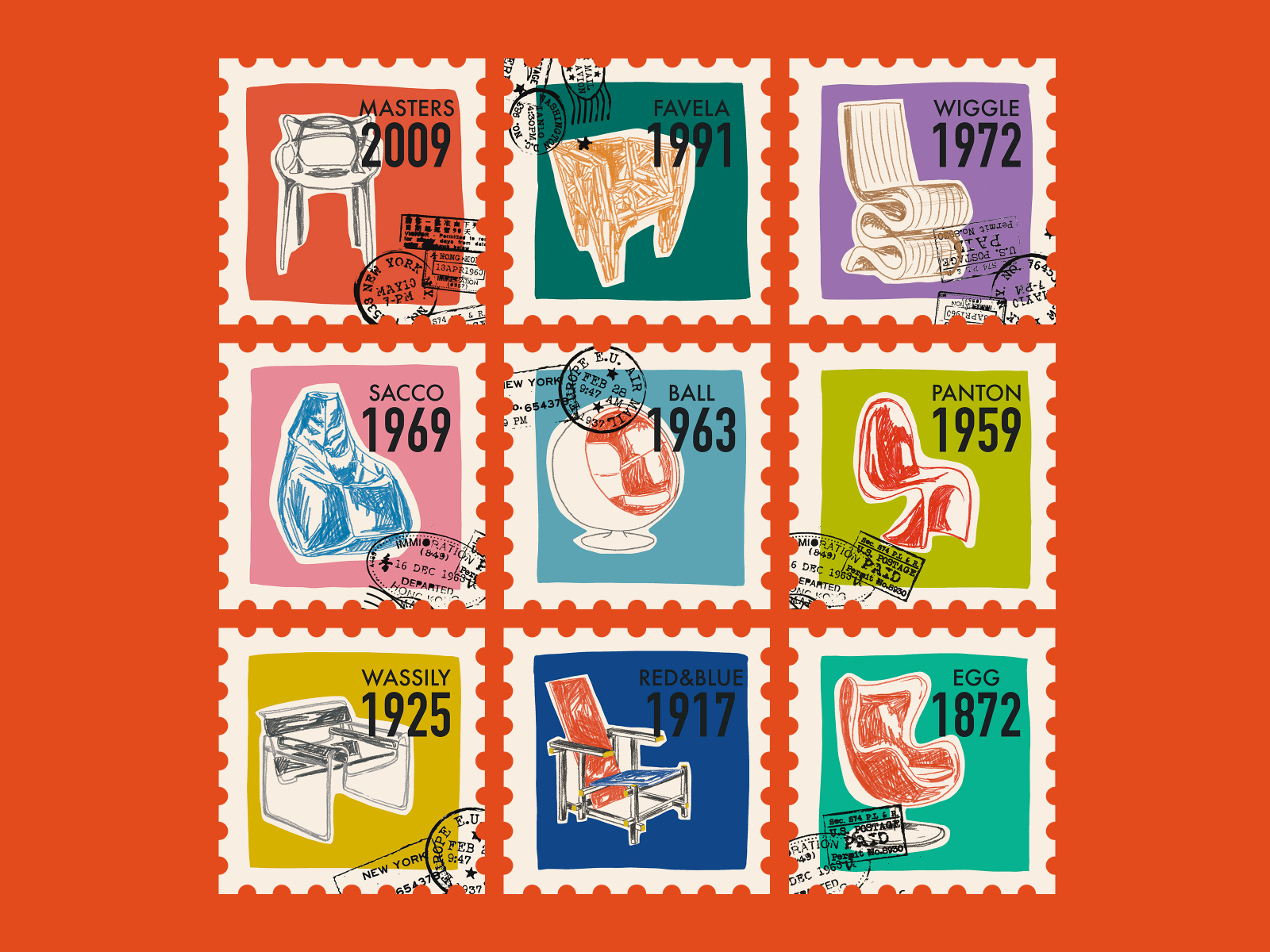 Iconic Chairs - Stamp Design by Tugba Kaya on Dribbble