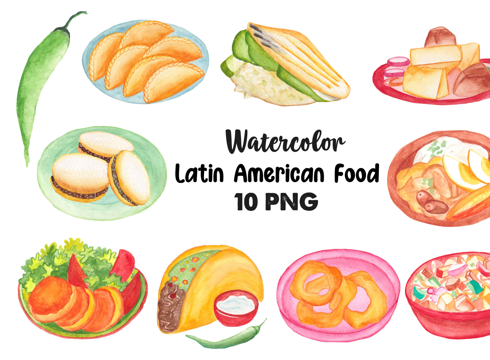 Watercolor Mexican, Latin American Food Clipart Set by Nazzasi ...