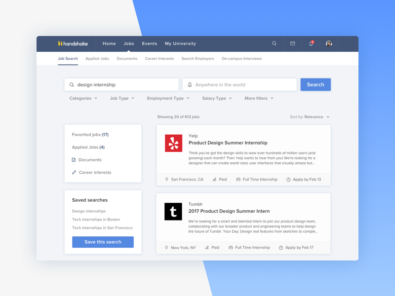 Handshake Job Search Redesign by Katy Ma on Dribbble