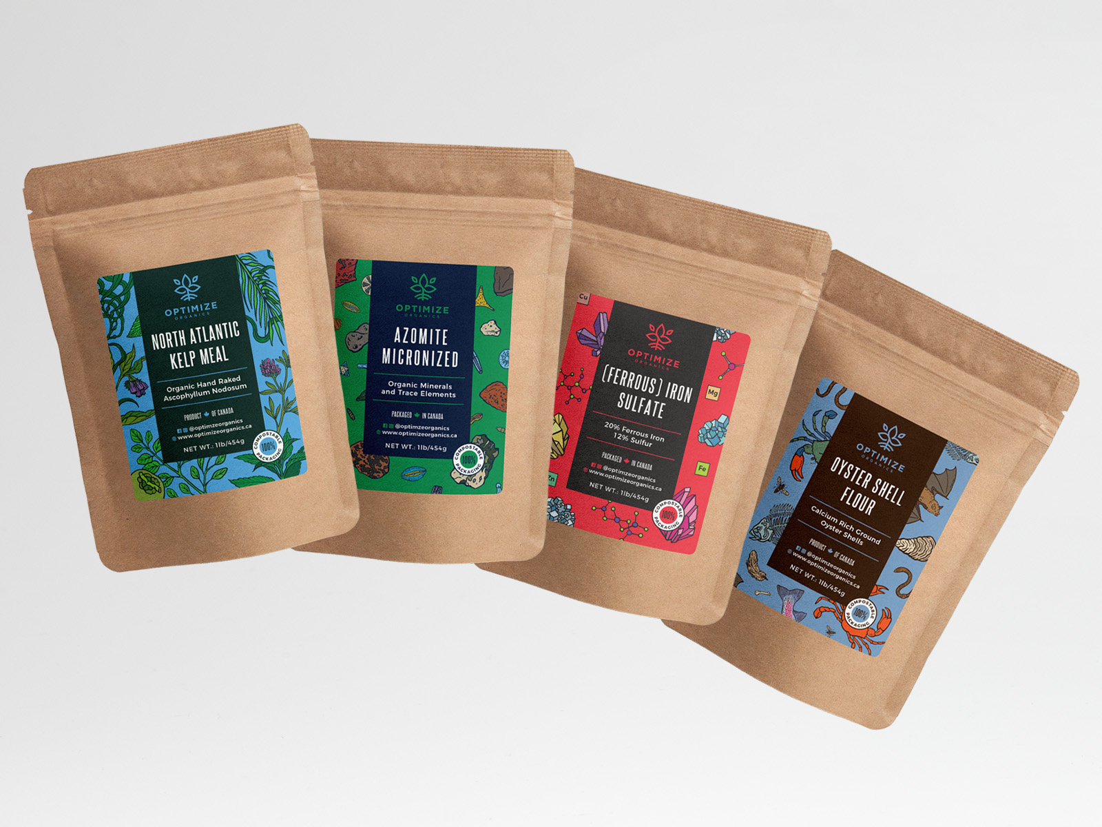 Illustrative labels for Optimize Organics by Mila Katagarova on Dribbble