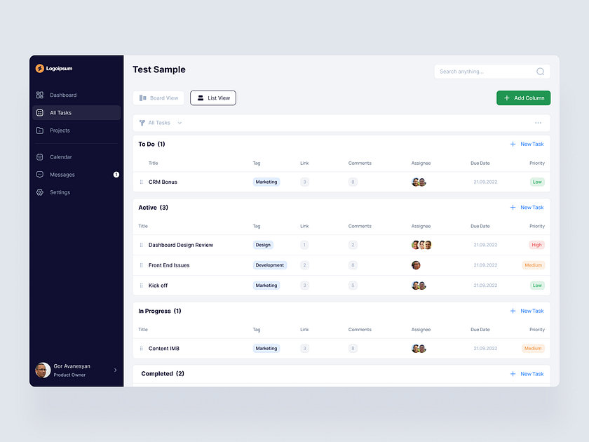Task management: to do list dashboard by Gor Avanesyan on Dribbble