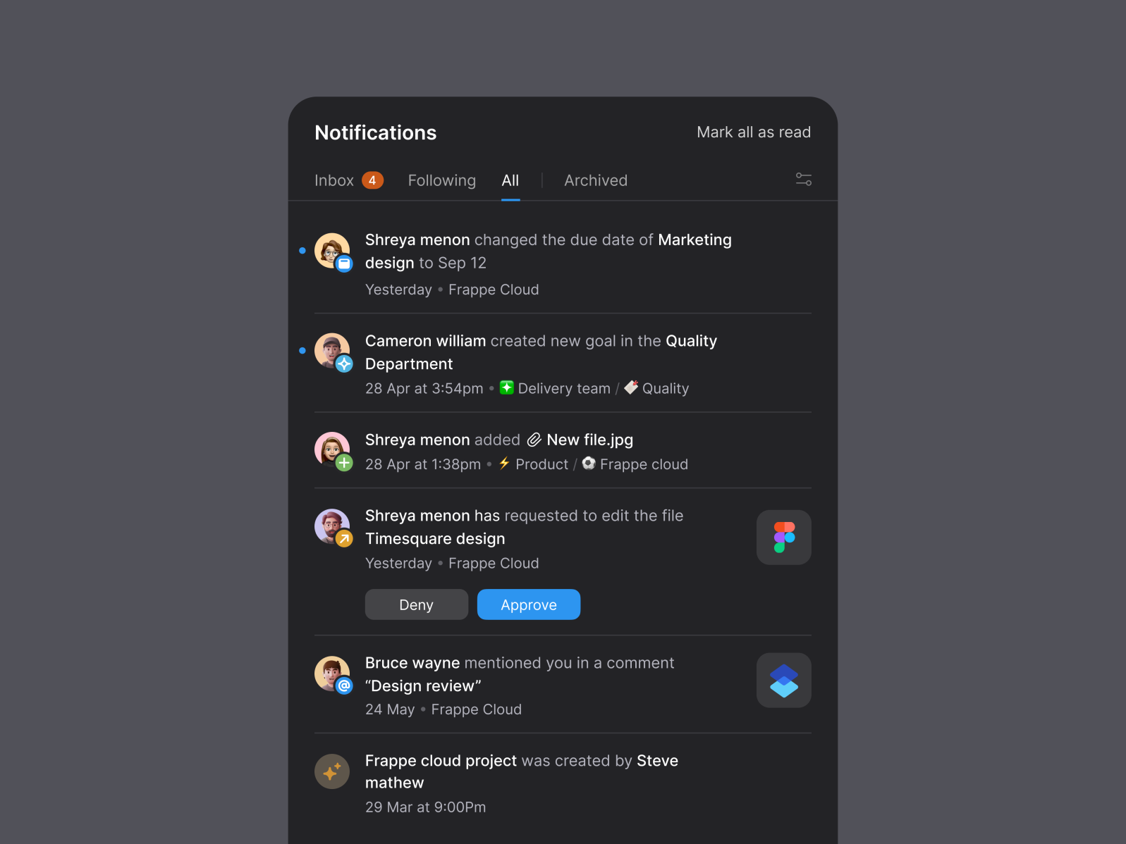 Frappe Notification - Dark theme by Jayaprakash for Timeless on Dribbble