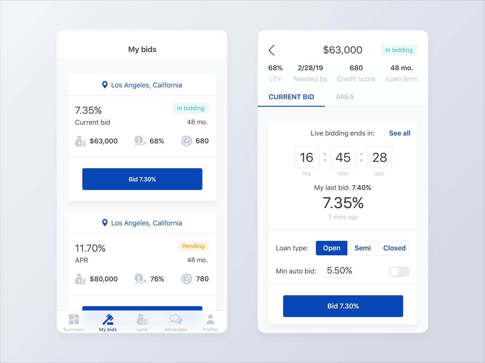 Lending Mobile App - In Bidding Screens by George Barbu on Dribbble