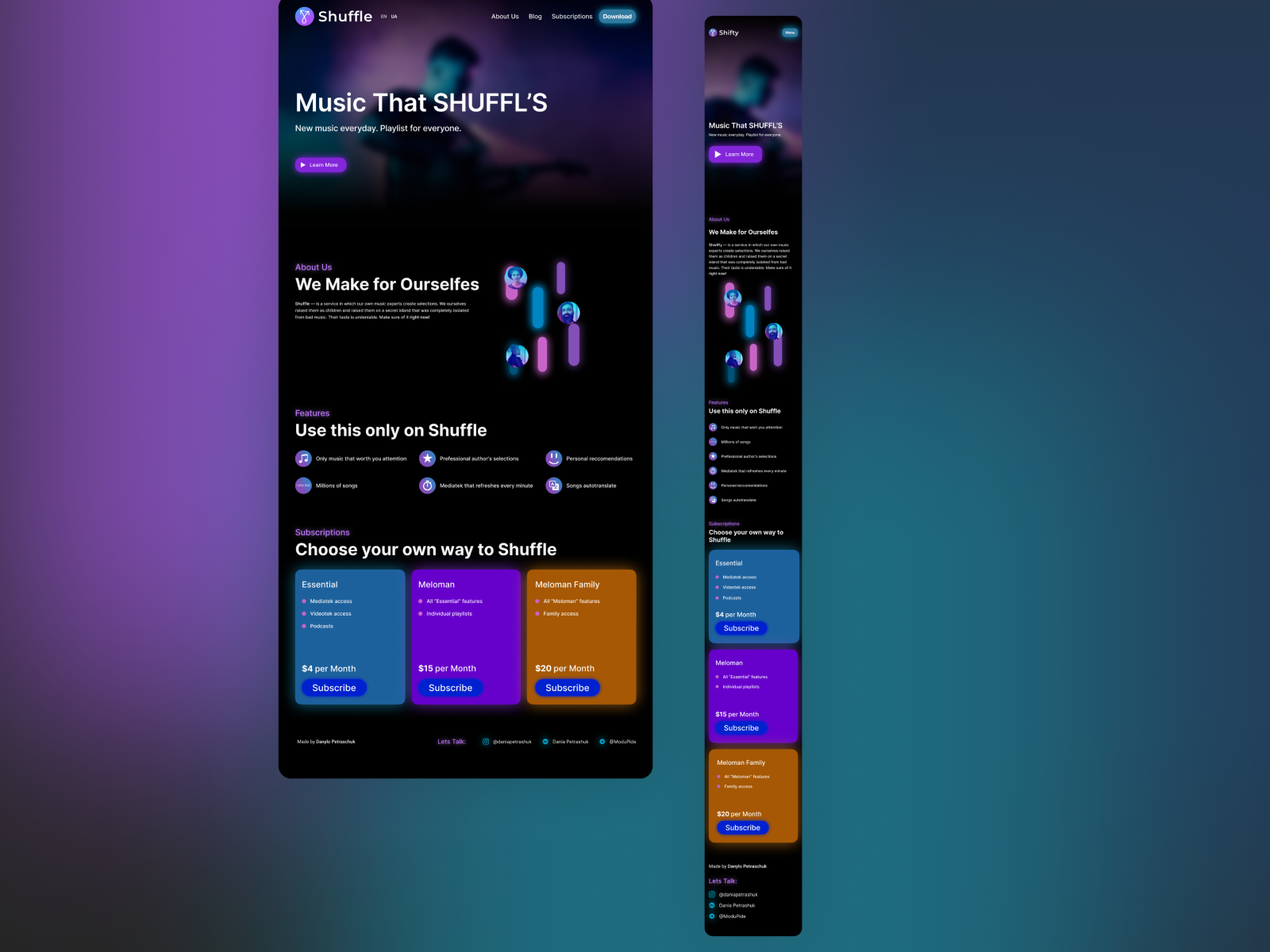 Shuffle Music Landing Page by Dania Petrashuk on Dribbble